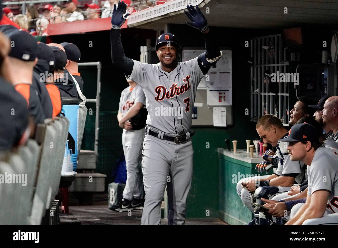 Detroit Tigers' Jonathan Schoop (7) celebrates in the dugout after ...