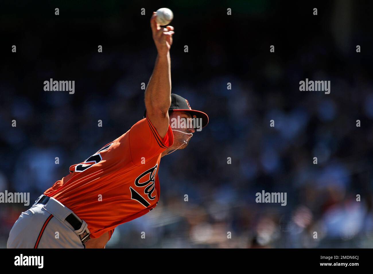 Baltimore Orioles pitcher Chris Ellis delivers to the New York Yankees ...