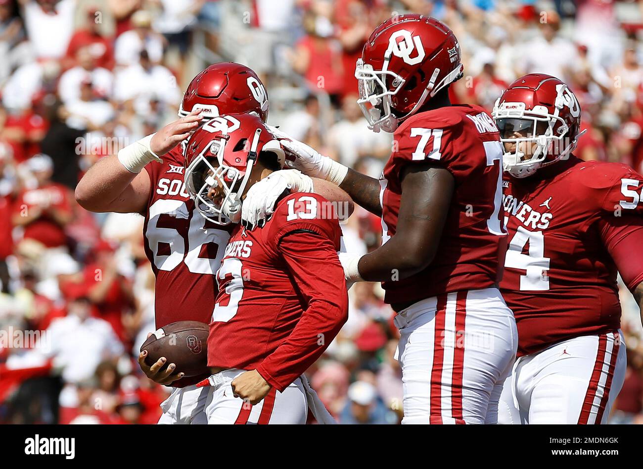 Oklahoma quarterback Caleb Williams (13) celebrates with offensive ...