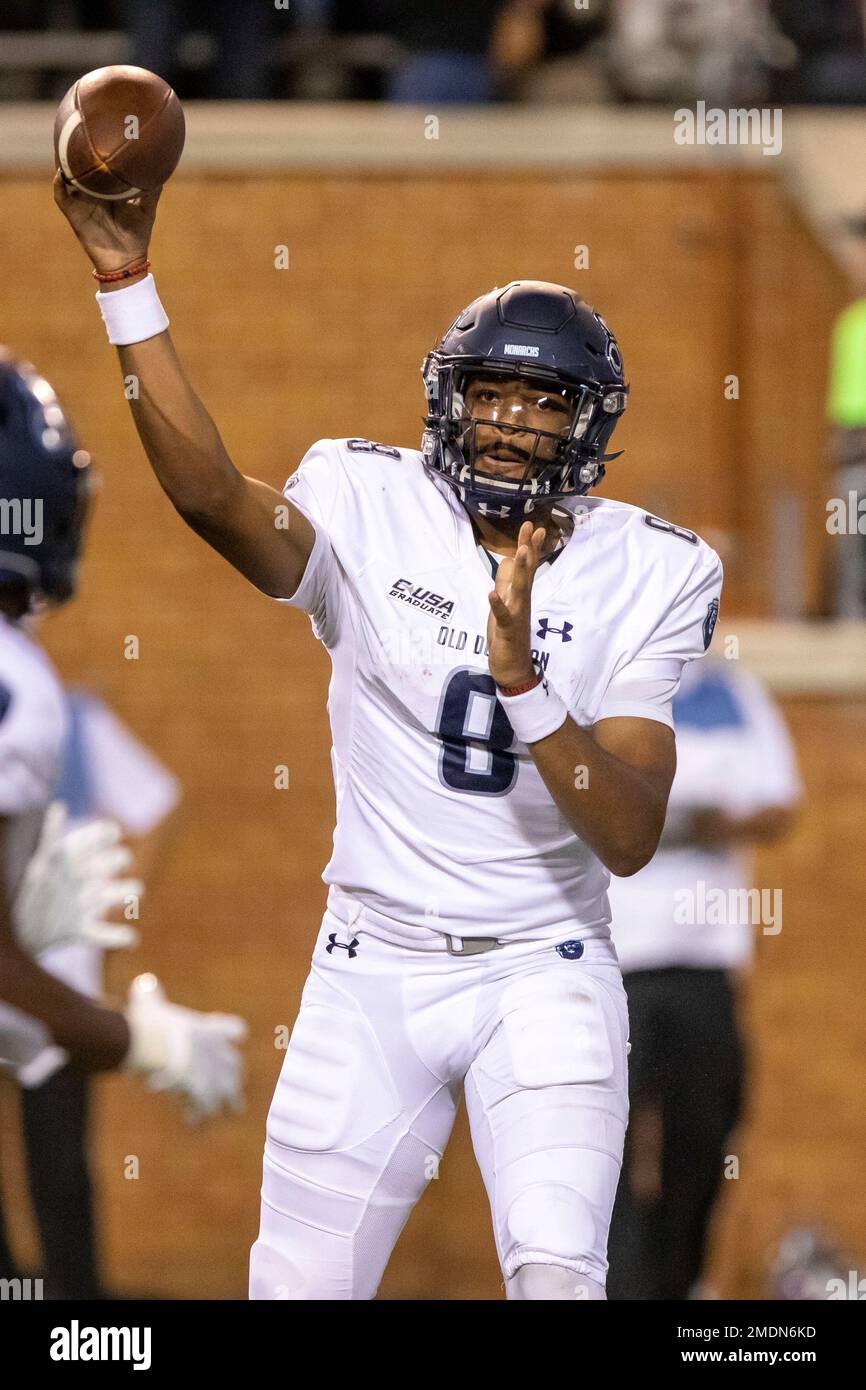 Old Dominion's D.J. Mack Jr. (8) makes a throw during an NCAA football ...