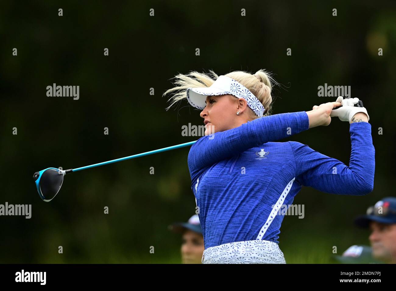 Europe's Charley Hull watches her tee shot on the seventh hole during ...