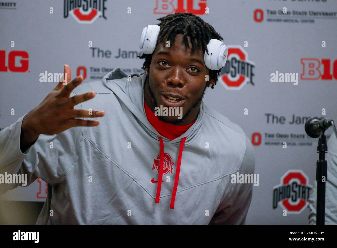 Ohio State defensive end Zach Harrison answers questions from the media ...