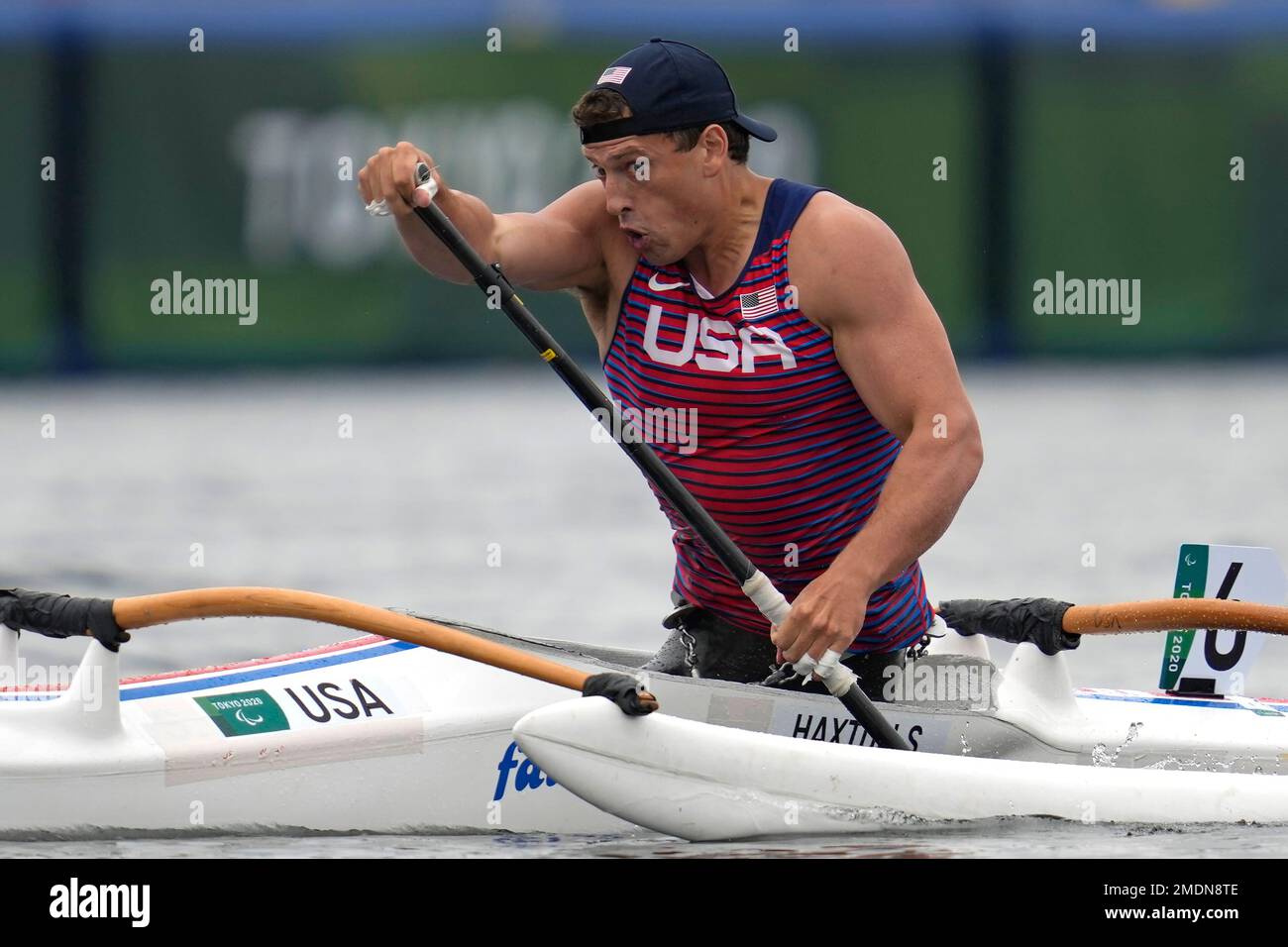 Steven Haxton of the U.S., competes during Canoe sprint men's Va'a ...