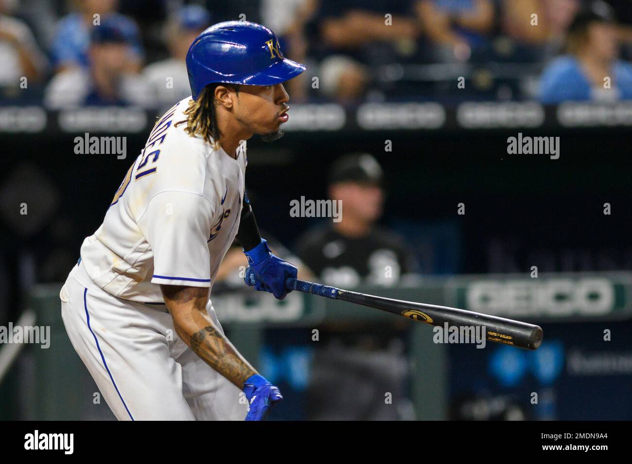 Kansas City Royals' Adalberto Mondesi watches his three-run double ...