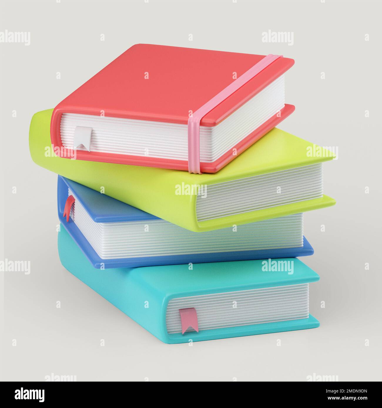 3D render of a stack of brightly colored books with a bookmark. A pile ...