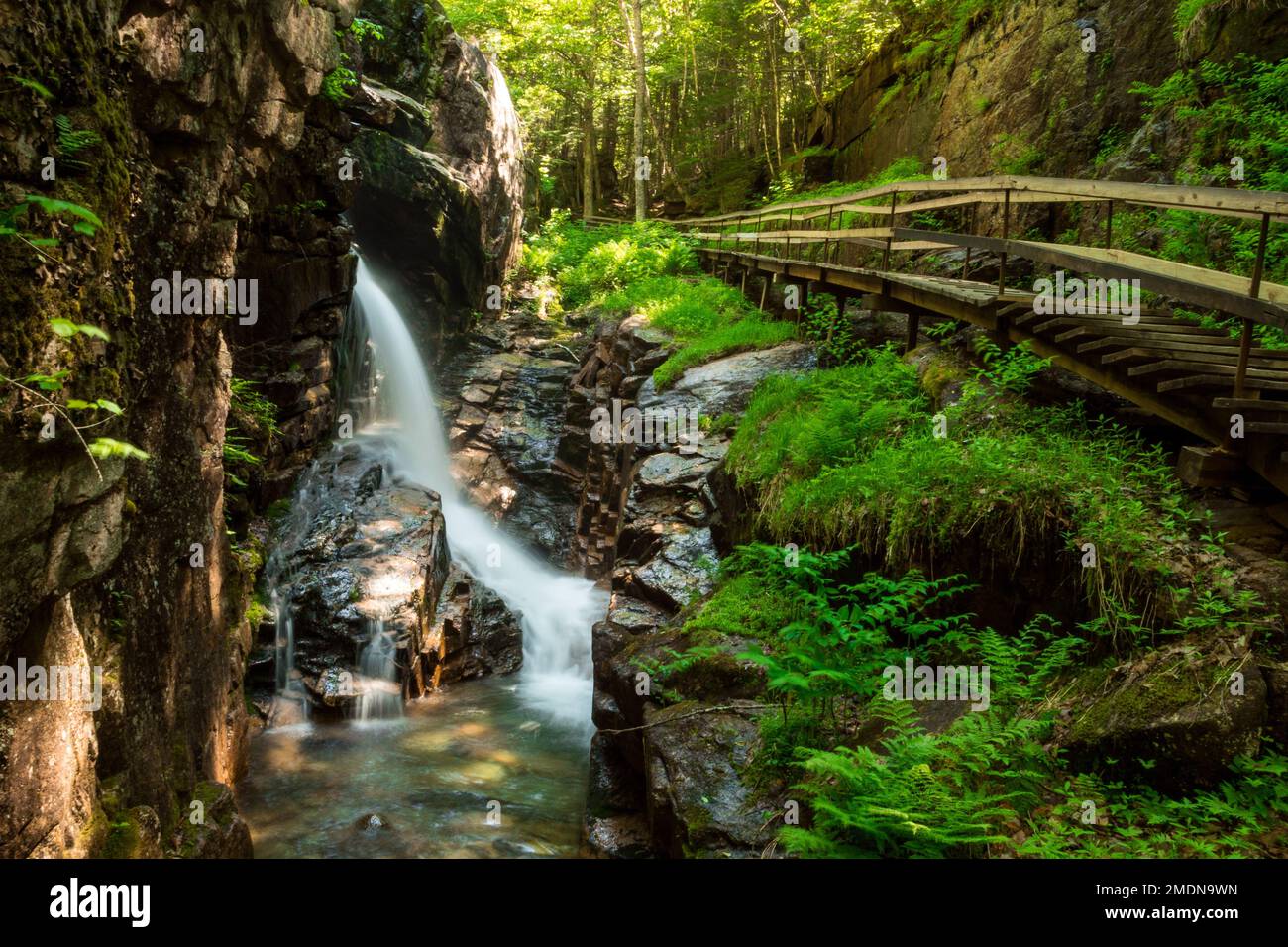 A beautiful shot of Flume Gorge Trail with waterfall and wooden bridge ...