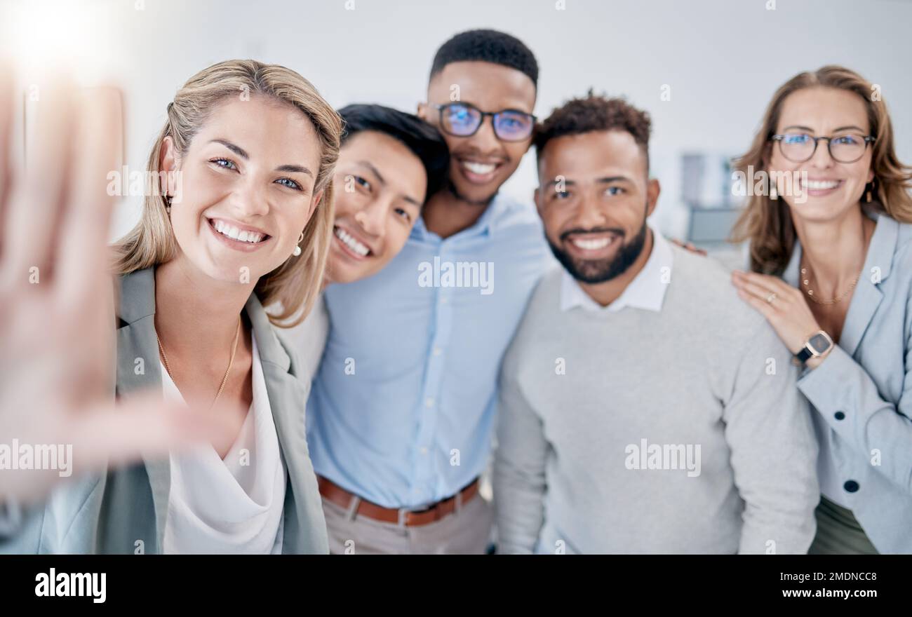 Office selfie, diversity and portrait of business people with photo memory of teamwork ...