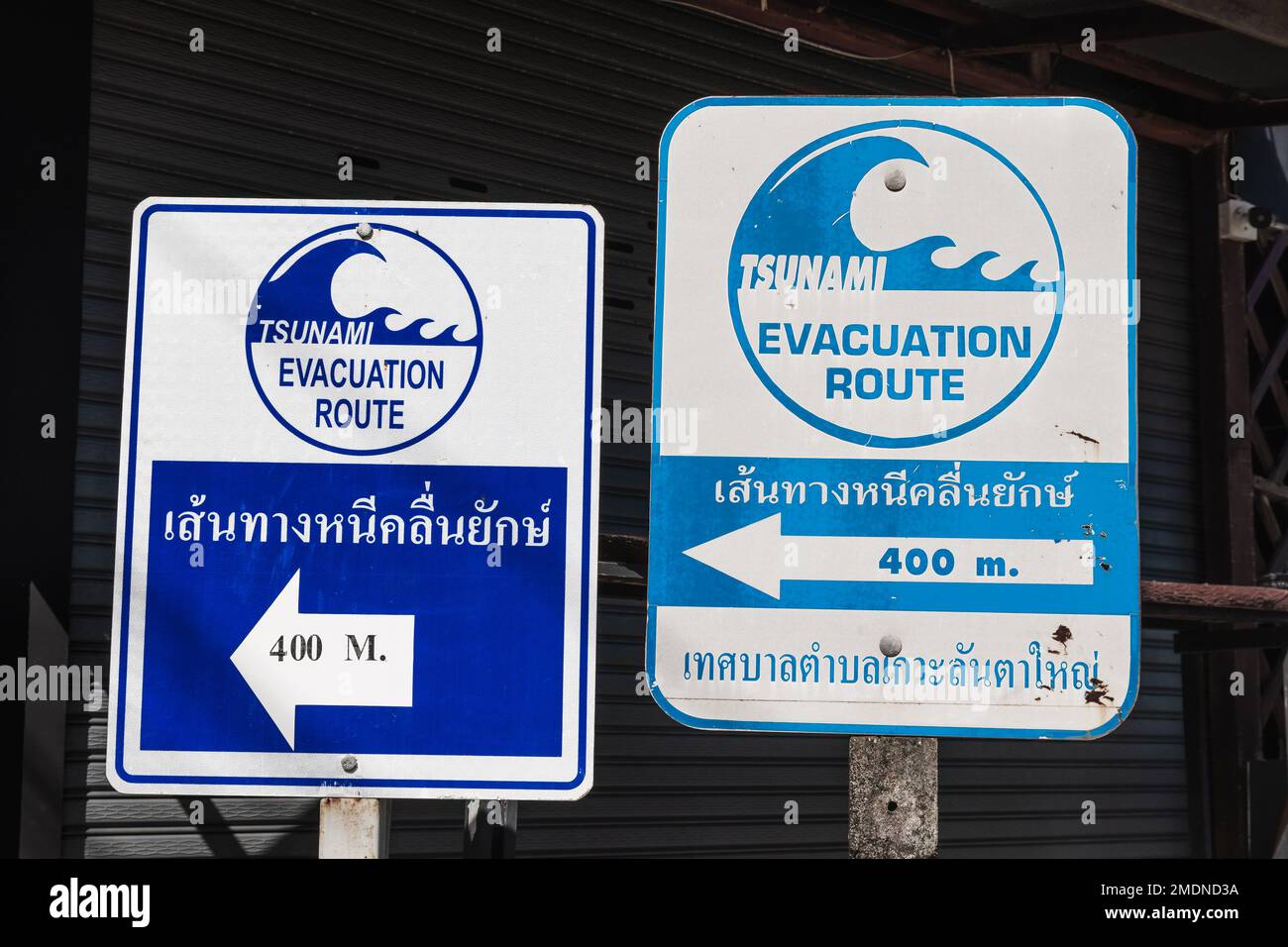 Tsunami evacuation route signs in Ko Lanta, Krabi, Thailand. November ...