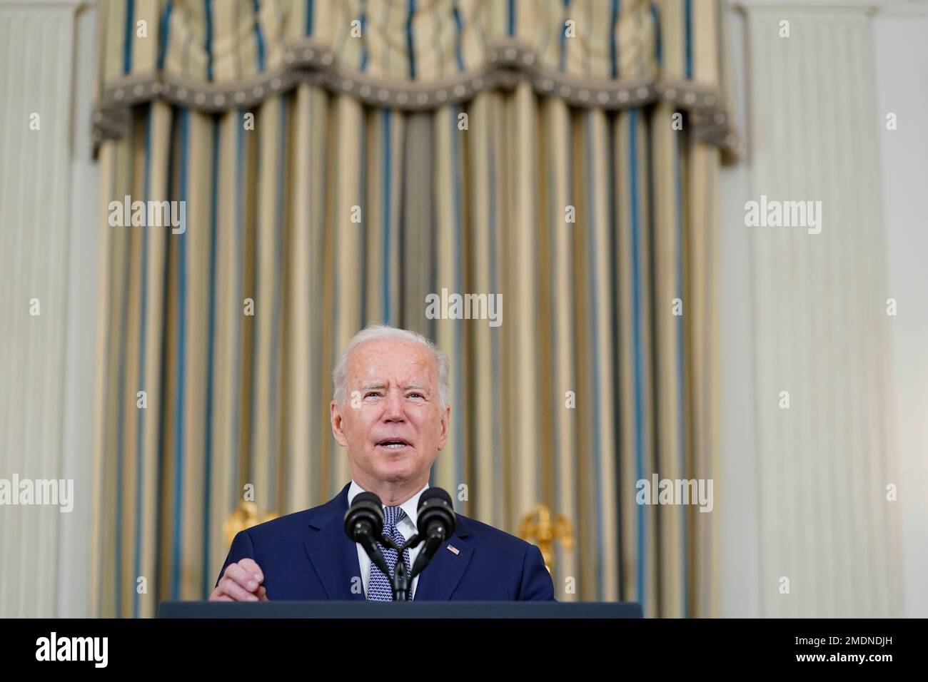 President Joe Biden speaks from the State Dining Room of the White ...
