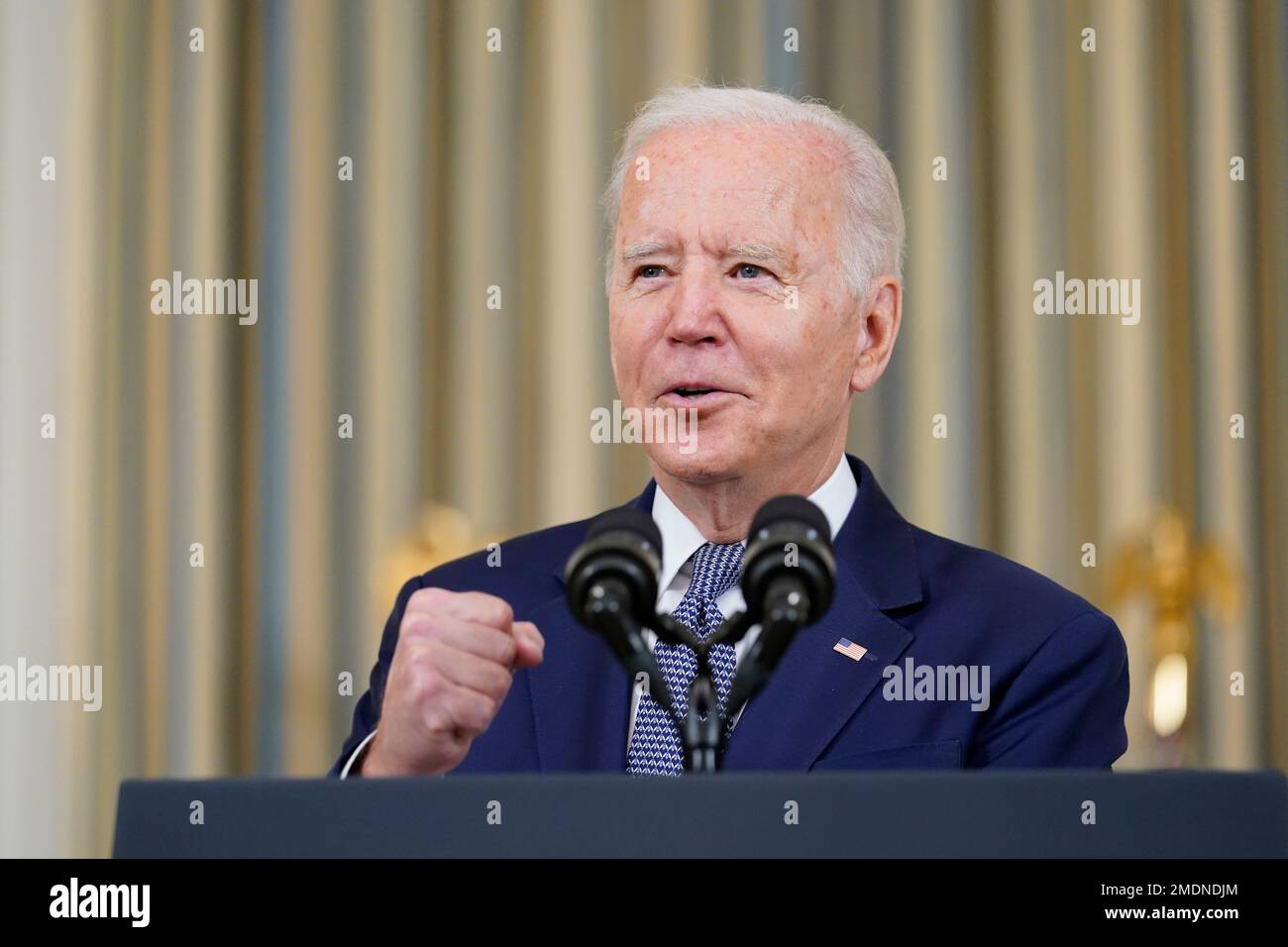 President Joe Biden speaks from the State Dining Room of the White ...