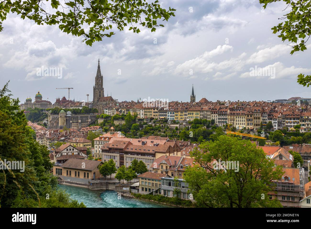 View from above of Bern, the ancient buildings and the river Aar ...