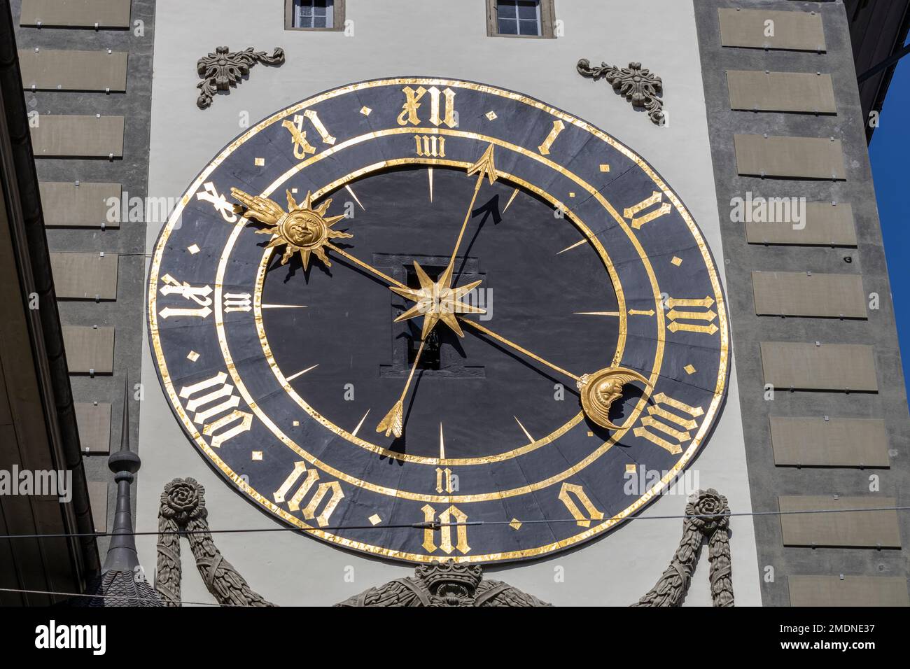 Detail in the Zytglogge clock tower, the close-up of the old big clock ...