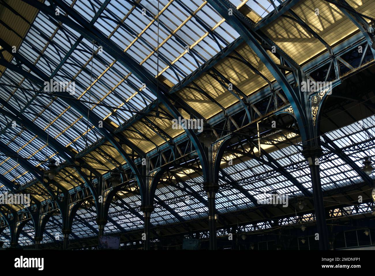Train station roof with windows and blue sky Stock Photo - Alamy