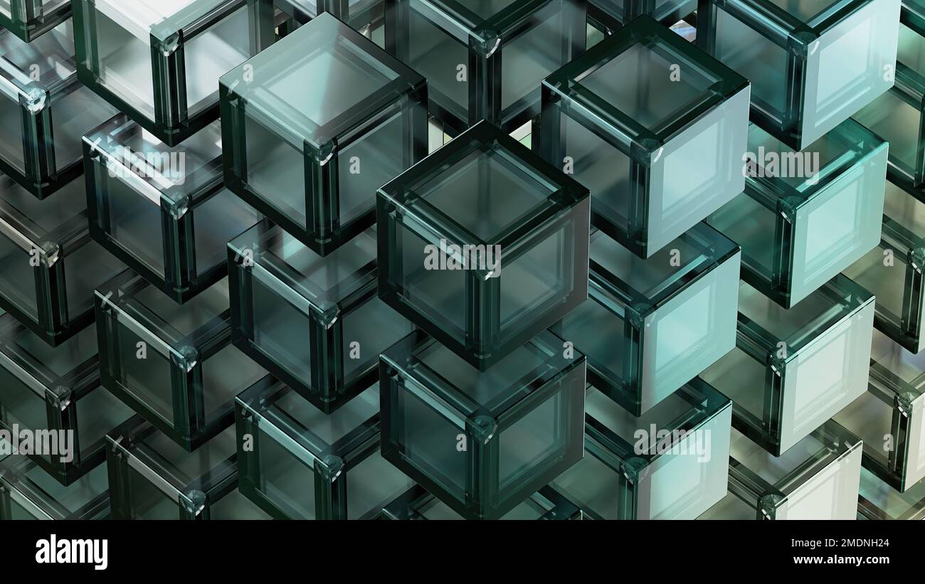Green, grid-aligned set of glass-textured cubes abstract, dramatic ...