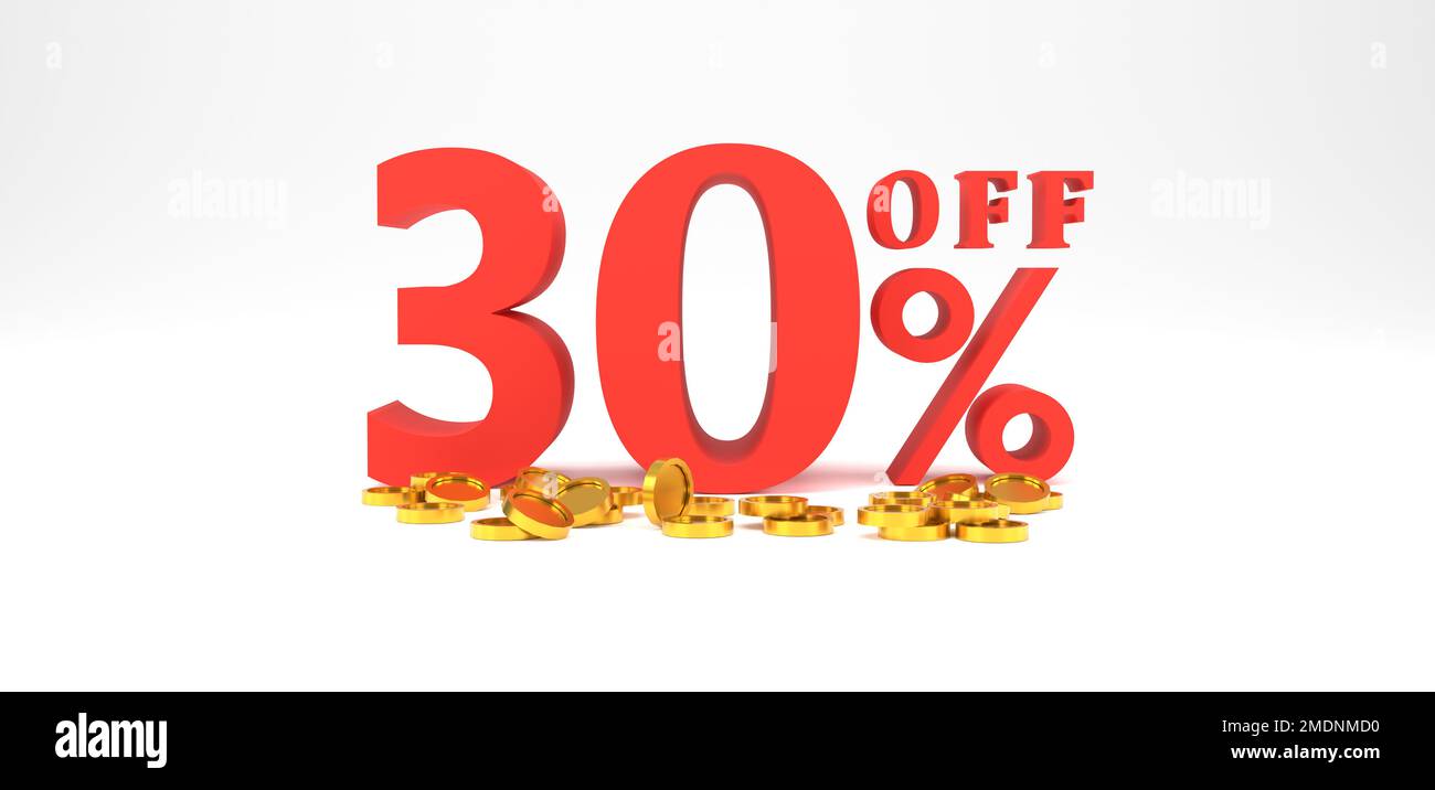 3D Rendering. 30 percent off with gold coin and white background ...