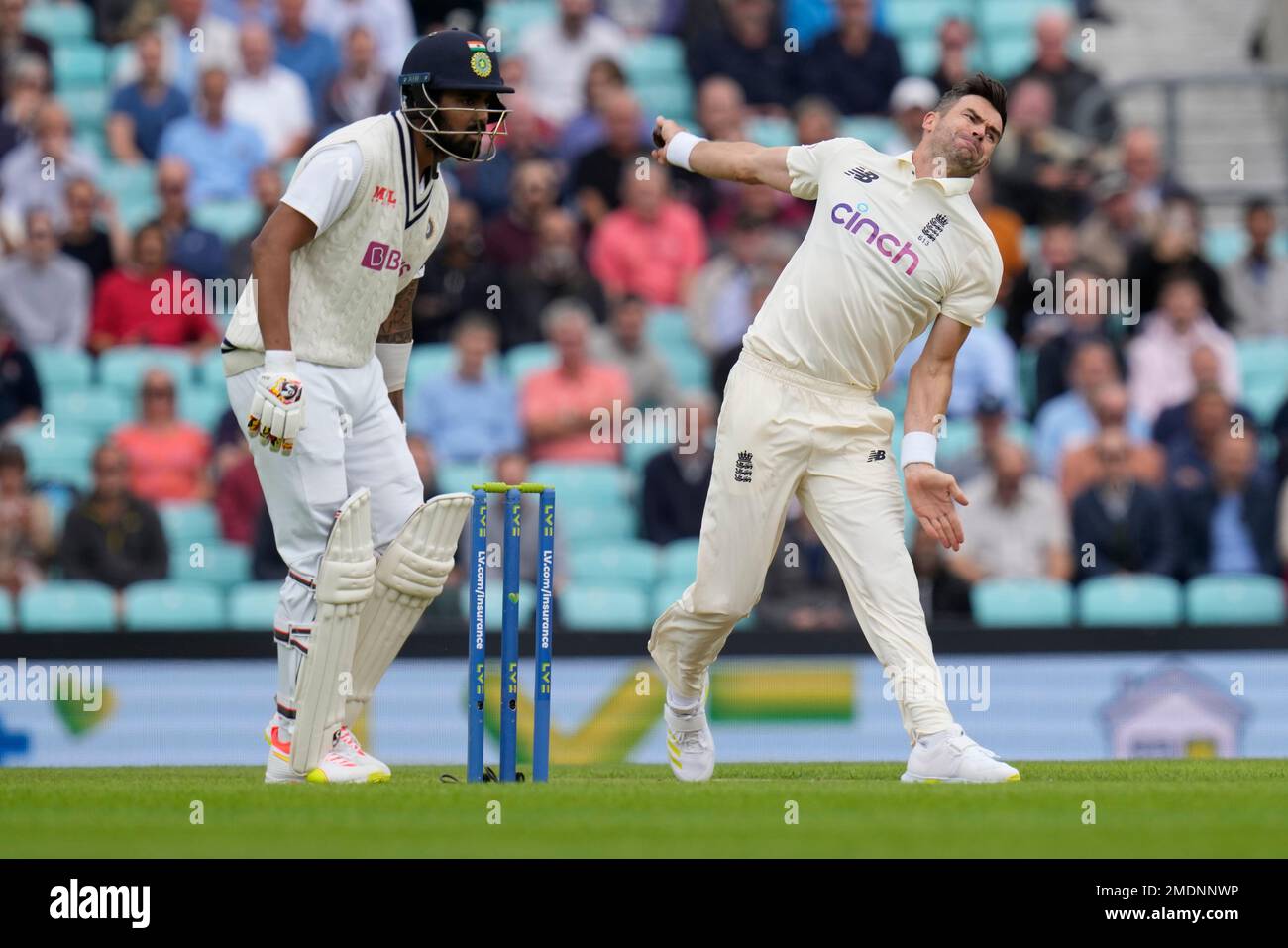 England's James Anderson bowles to India's Rohit Sharma, as India's KL ...