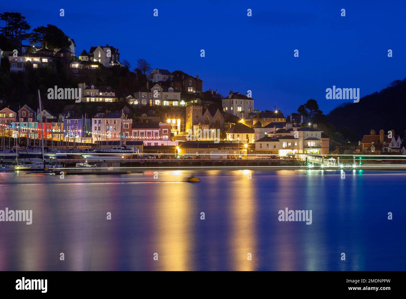 UK, England, Devon, Dartmouth Harbour showing Kingswear Riverfront lit ...