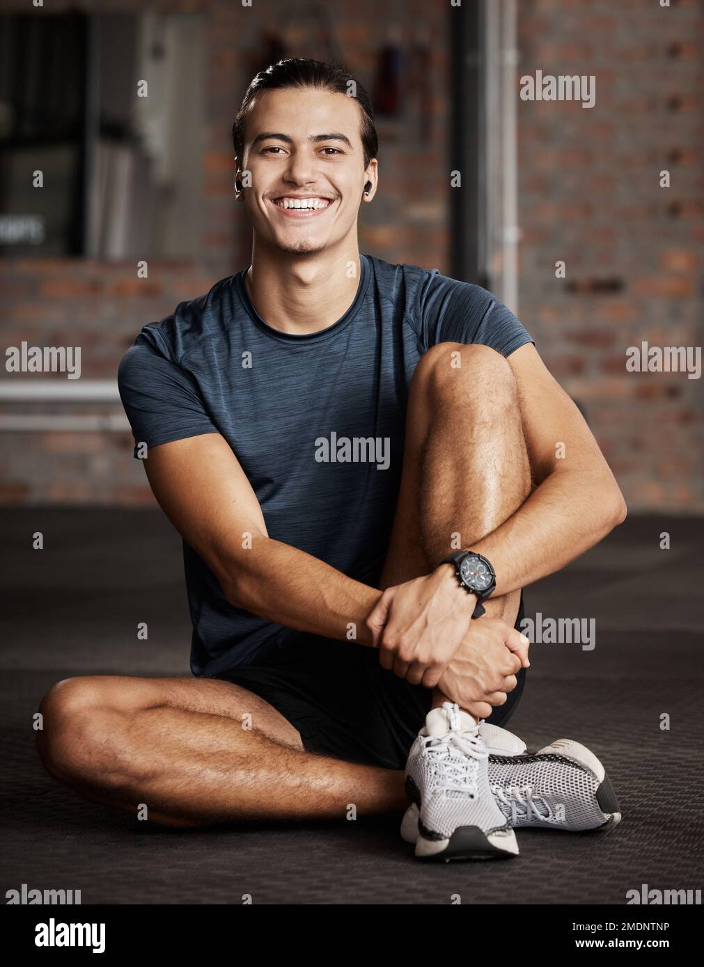 Man, happy portrait and relax fitness in gym for exercise workout ...