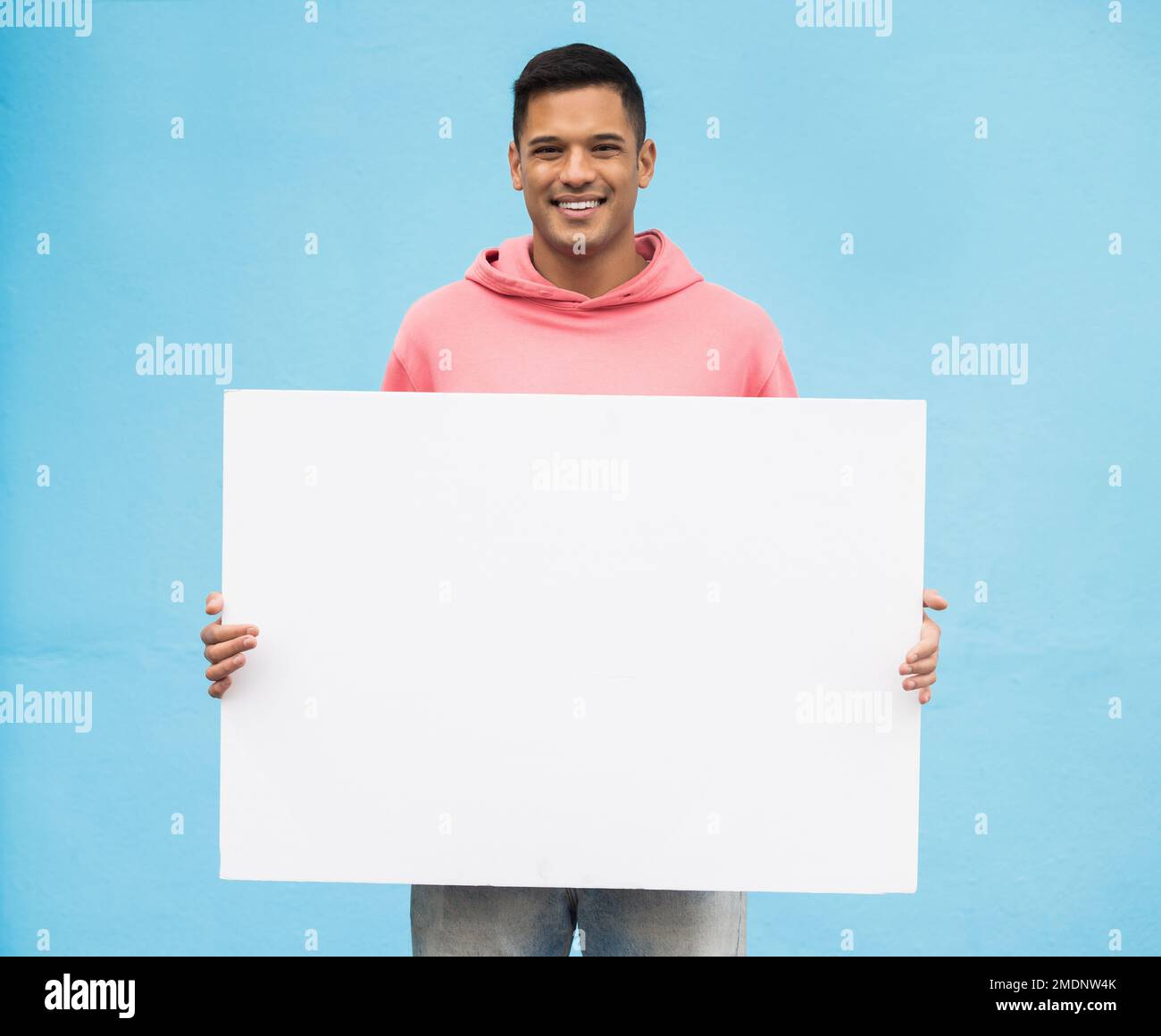 Happy man, portrait or blank mock up on poster branding, fashion ...