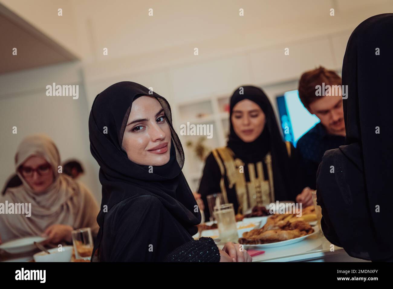 Eid Mubarak Muslim family having Iftar dinner taking pictures with ...