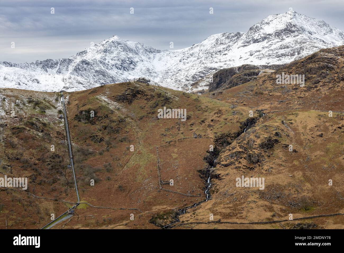 Cwm Dyli with a snow covered Snowdon (yr Wyddfa) beyond Stock Photo - Alamy