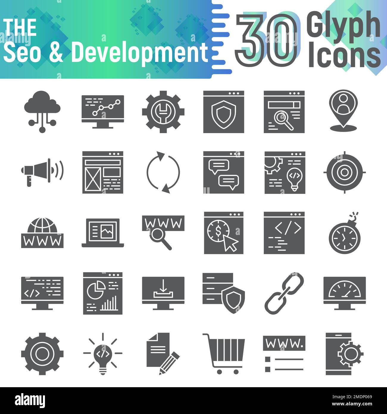 SEO and development glyph icon set, optimization symbols collection, vector sketches, logo ...
