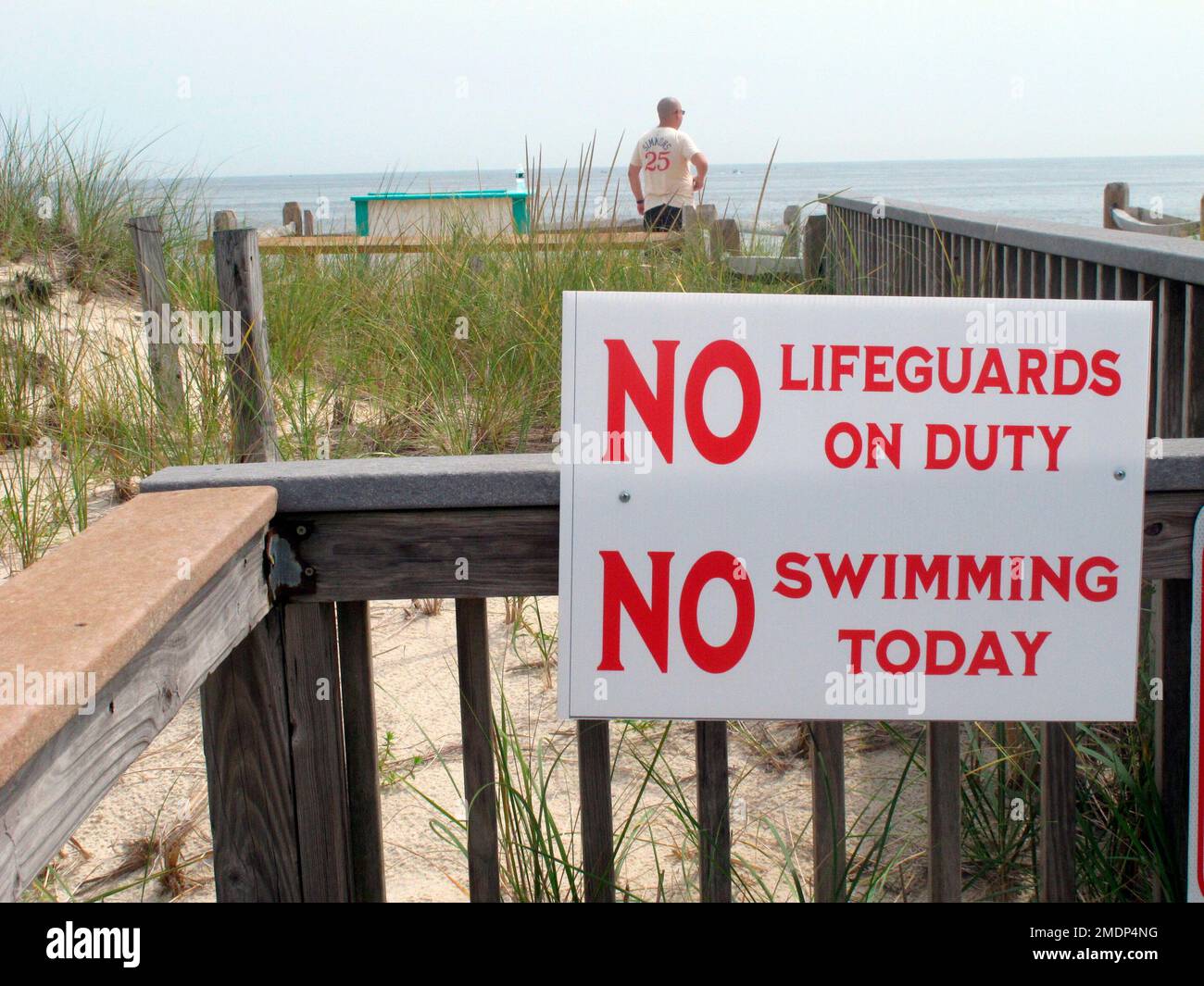 A sign advises beachgoers in Berkeley Township, N.J., that no ...