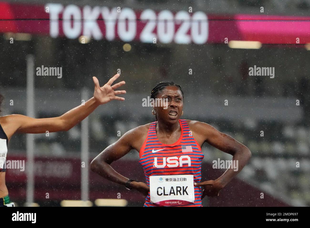 Breanna Clark of the United States reacts after competing in the women ...