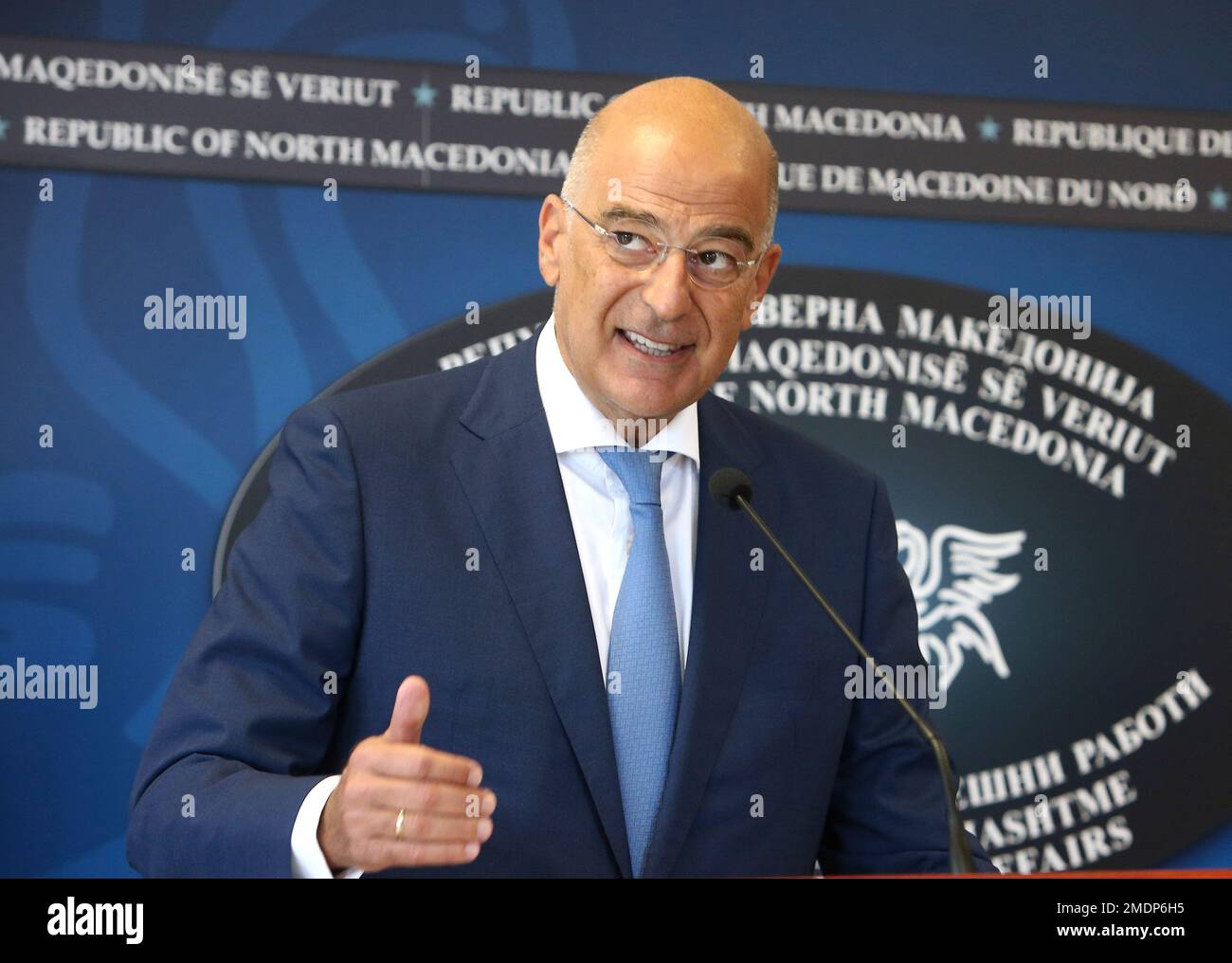 Greek Foreign Minister Nikos Dendias speaks to the media during a news conference with his North ...