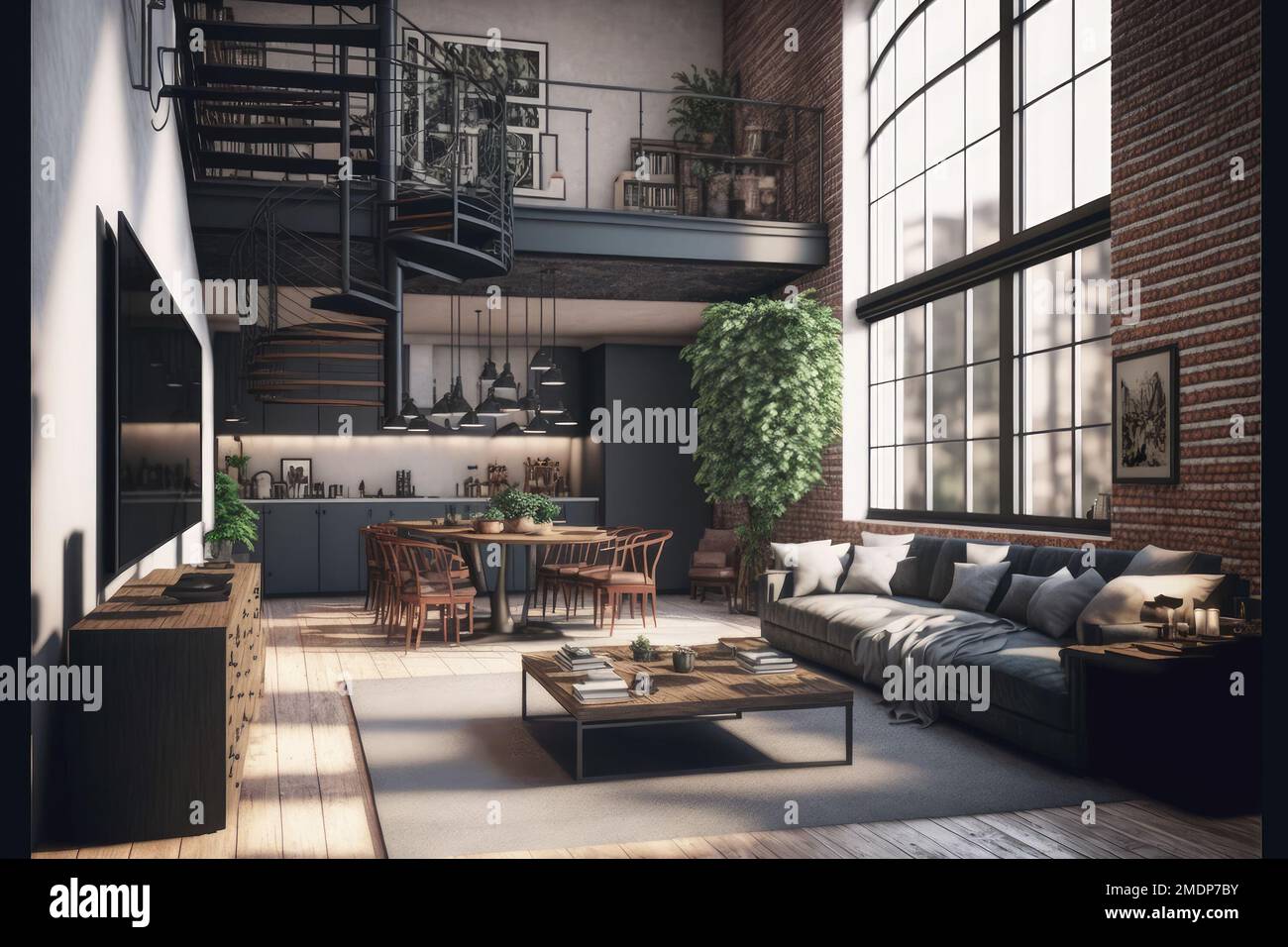 Sofa wooden floor empty space loft living contemporary apartment open ...