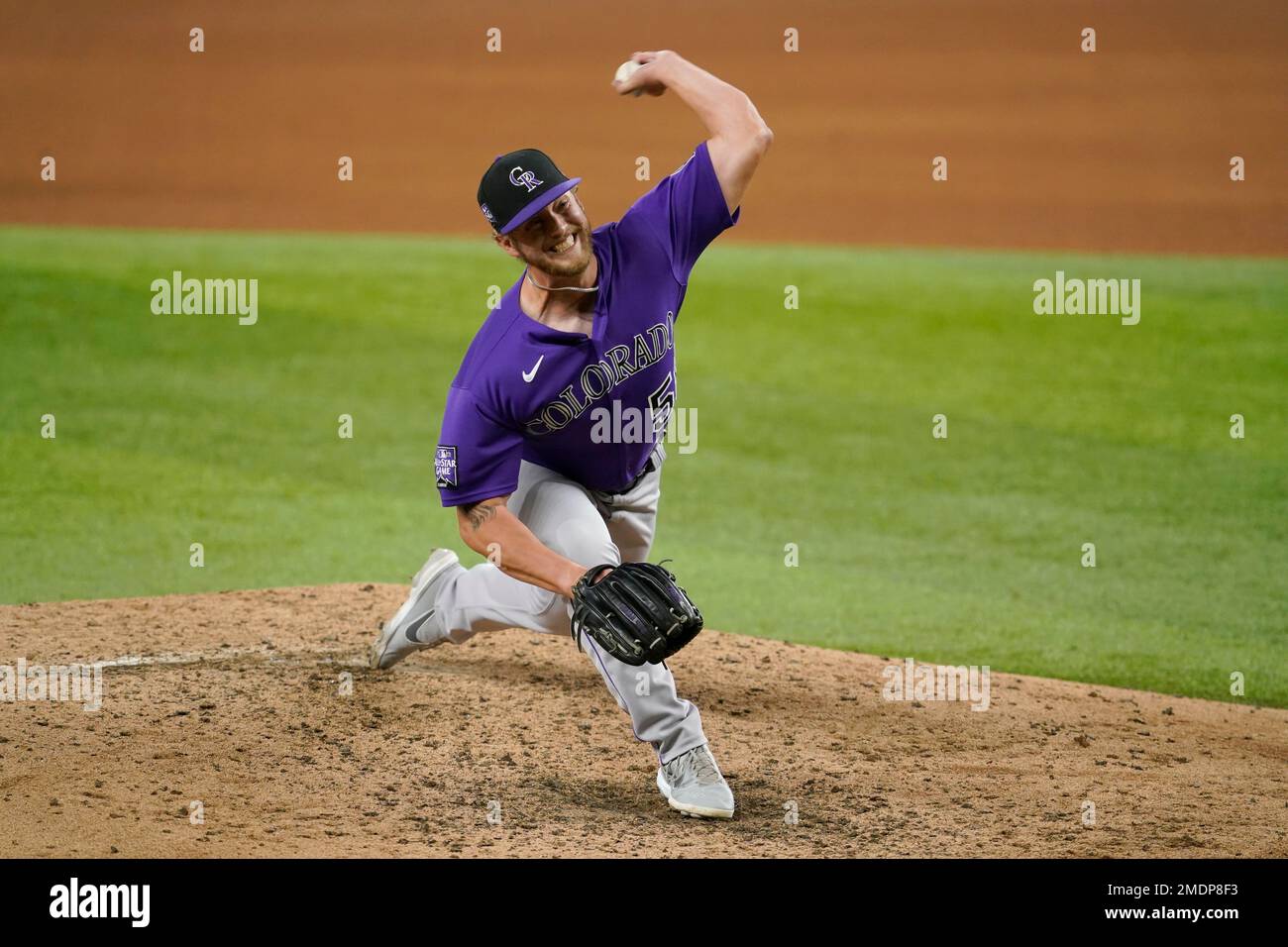 Colorado Rockies relief pitcher Lucas Gilbreath throws to the Texas ...