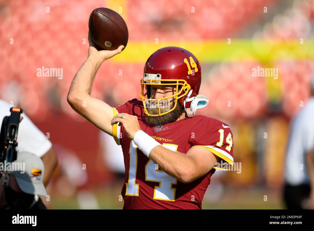 Washington Football Team quarterback Ryan Fitzpatrick (14) warms up ...