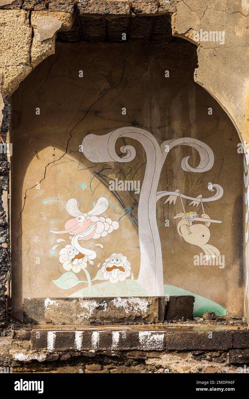 Abandoned and unfinished leper colony, leprosy village with grafitti on ...