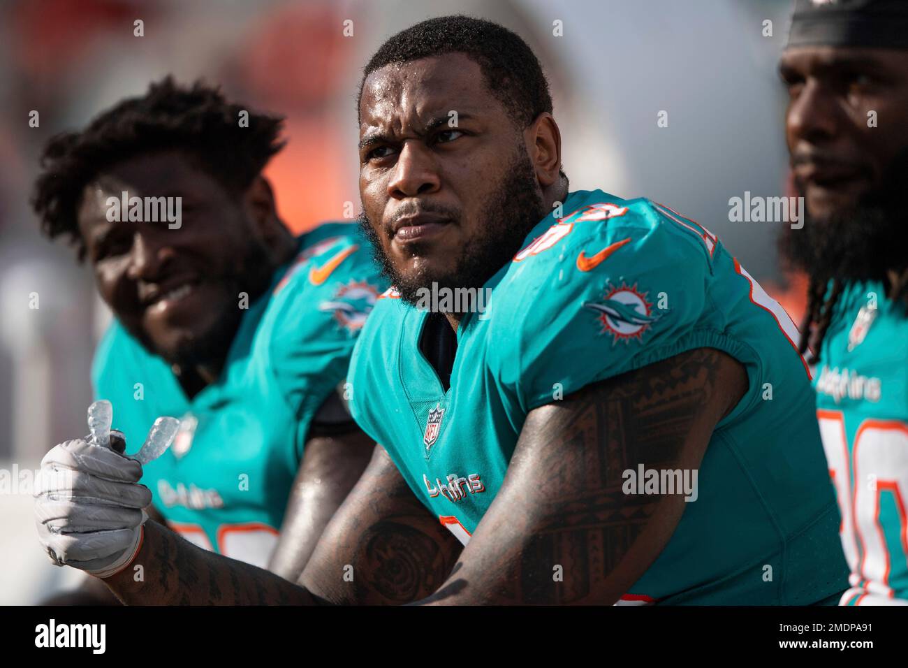 Miami Dolphins defensive end Jonathan Ledbetter (93) on the sidelines ...