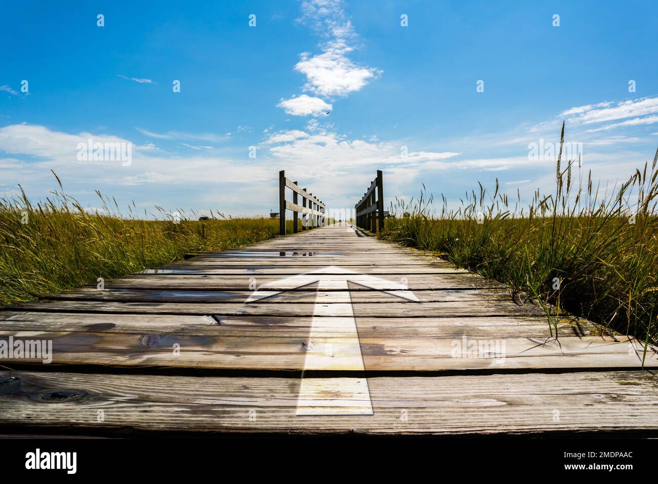 Wooden bridge to the beach with an arrow on the North Sea Stock Photo ...