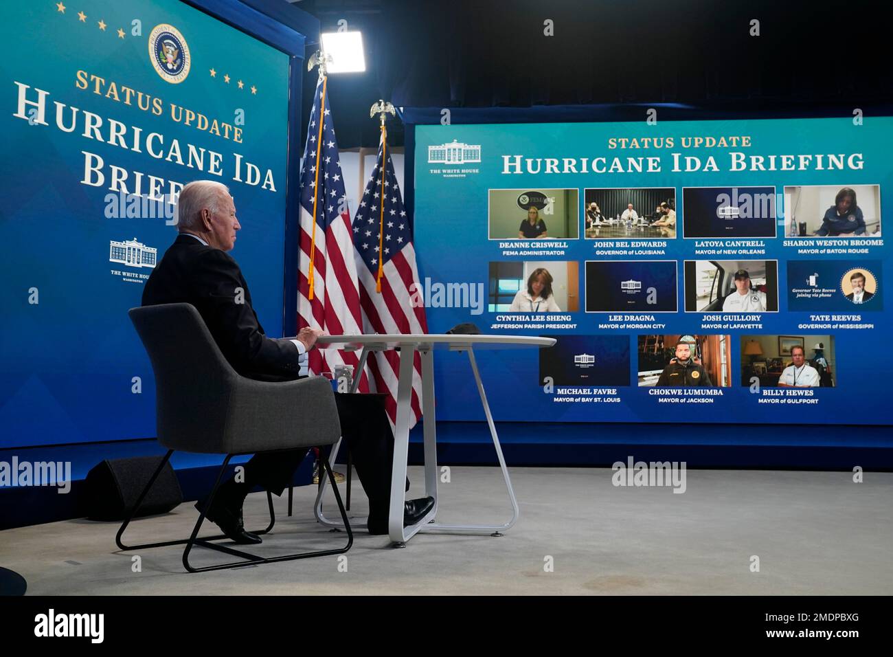 President Joe Biden listens during a virtual meeting with FEMA ...