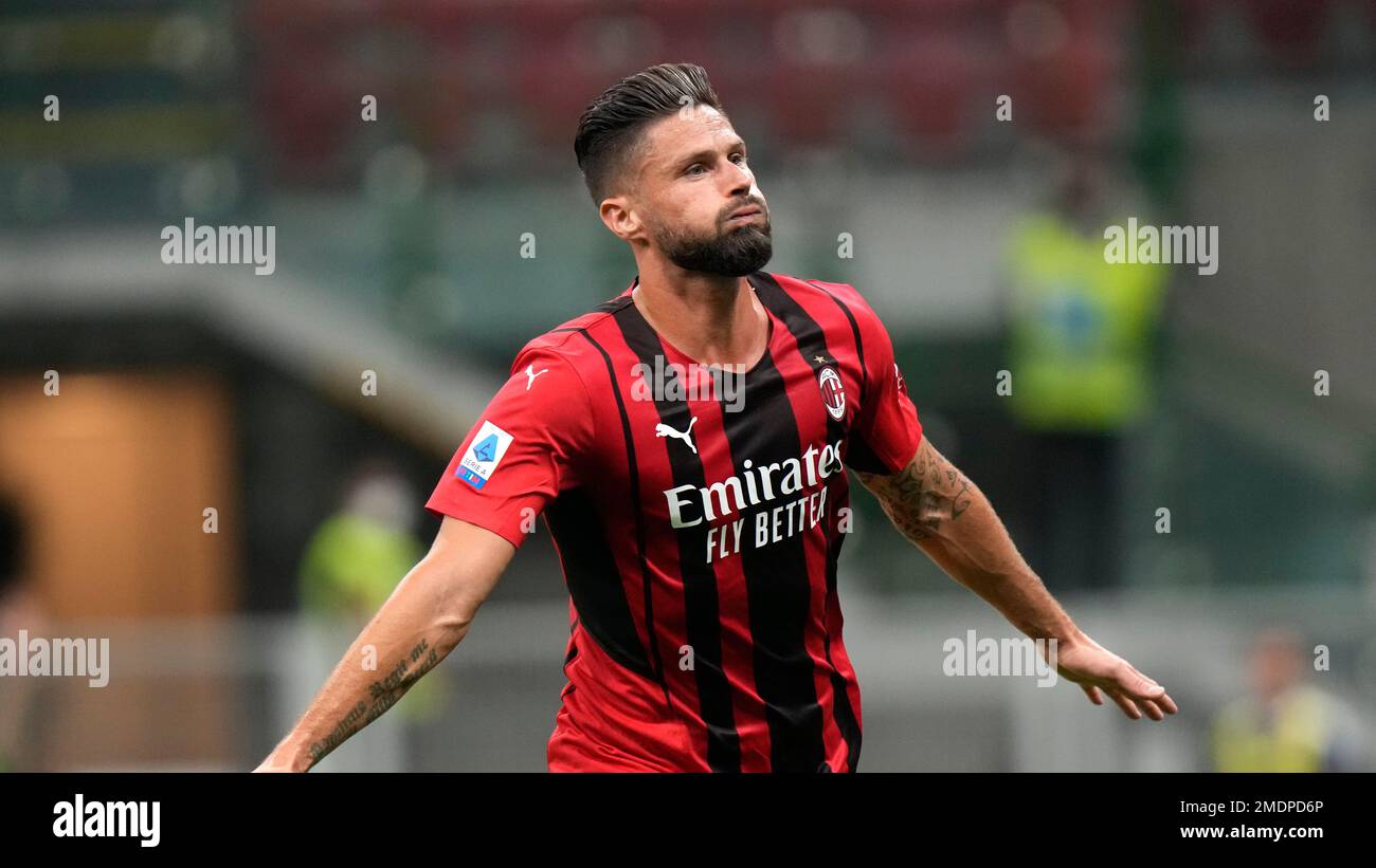 AC Milan's Olivier Giroud celebrates after scoring during a Serie A ...