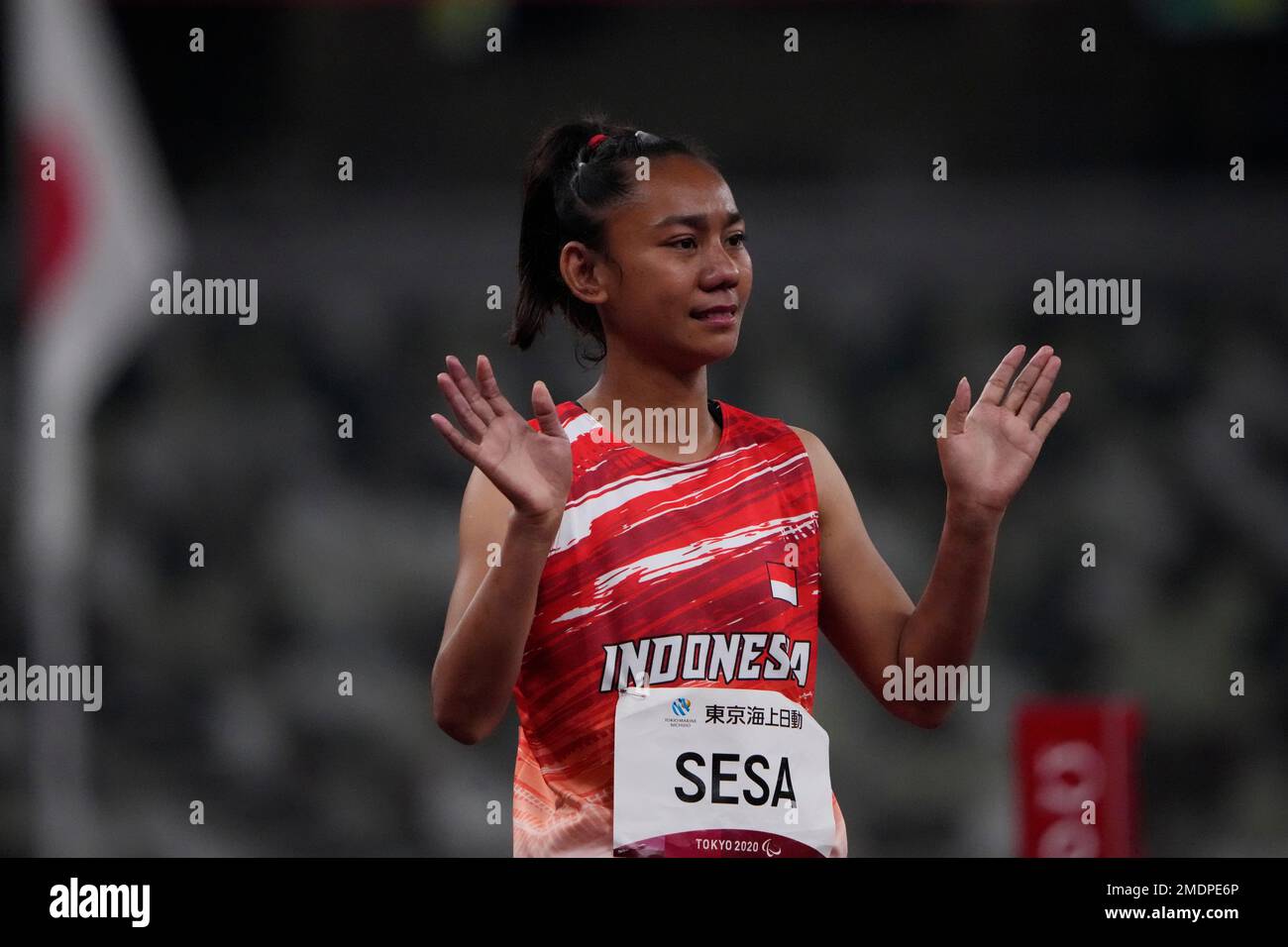 Elvin Elhudia Sesa of Indonesia is introduced in the women's 400m T20 ...