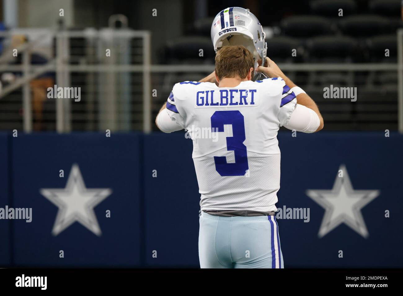 Dallas Cowboys quarterback Garrett Gilbert (3) warms up before playing ...