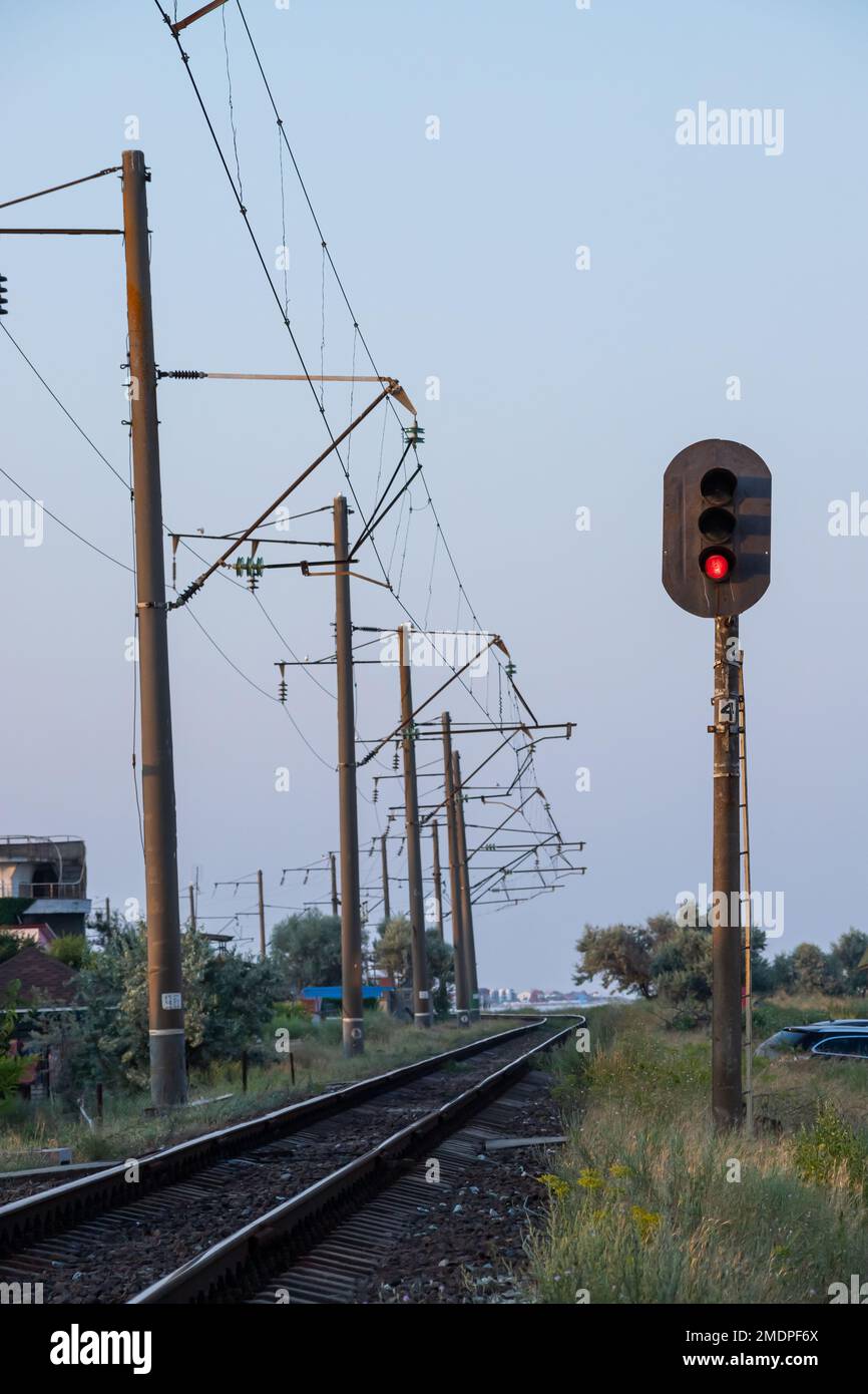 Prohibitions in the fog - red semaphore signal at a railway crossing ...