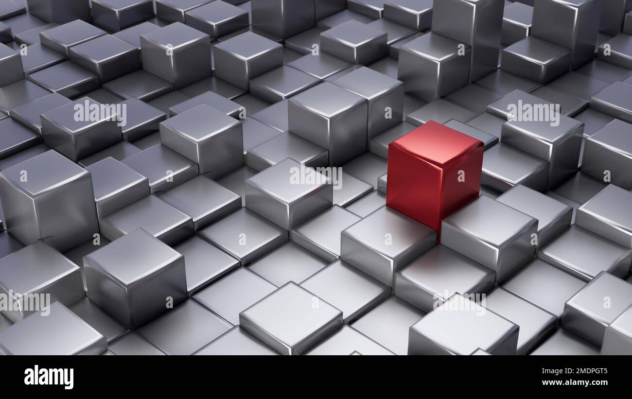 Red cube standing out from crowd of Grey cubes 3d Illustration Stock ...