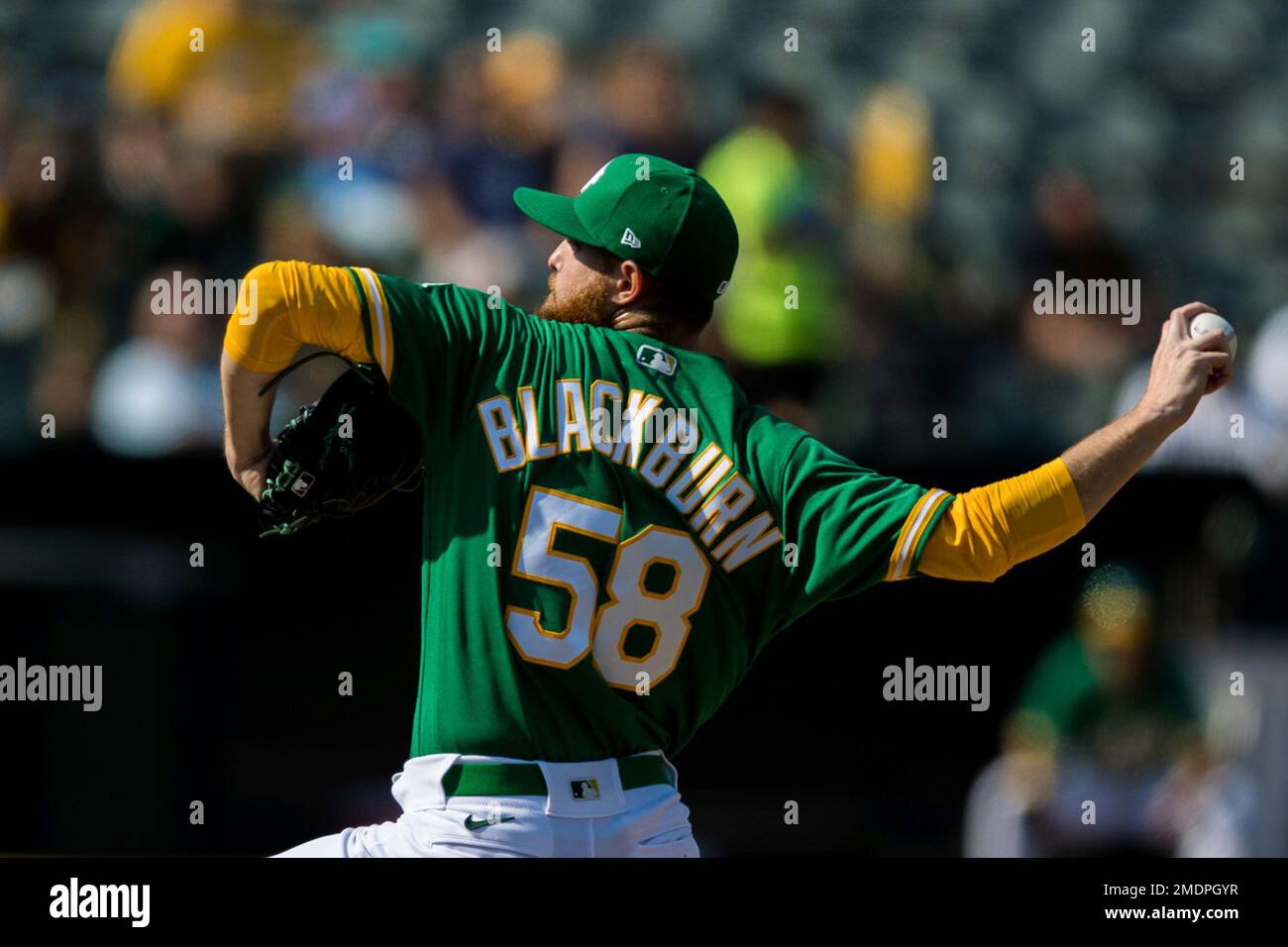 Oakland Athletics starting pitcher Paul Blackburn (58) works against ...