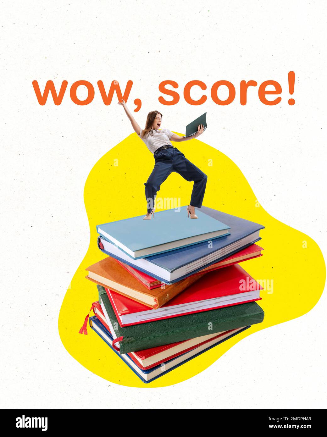 Exctited girl dancing on books. Contemporary art collage, modern design ...