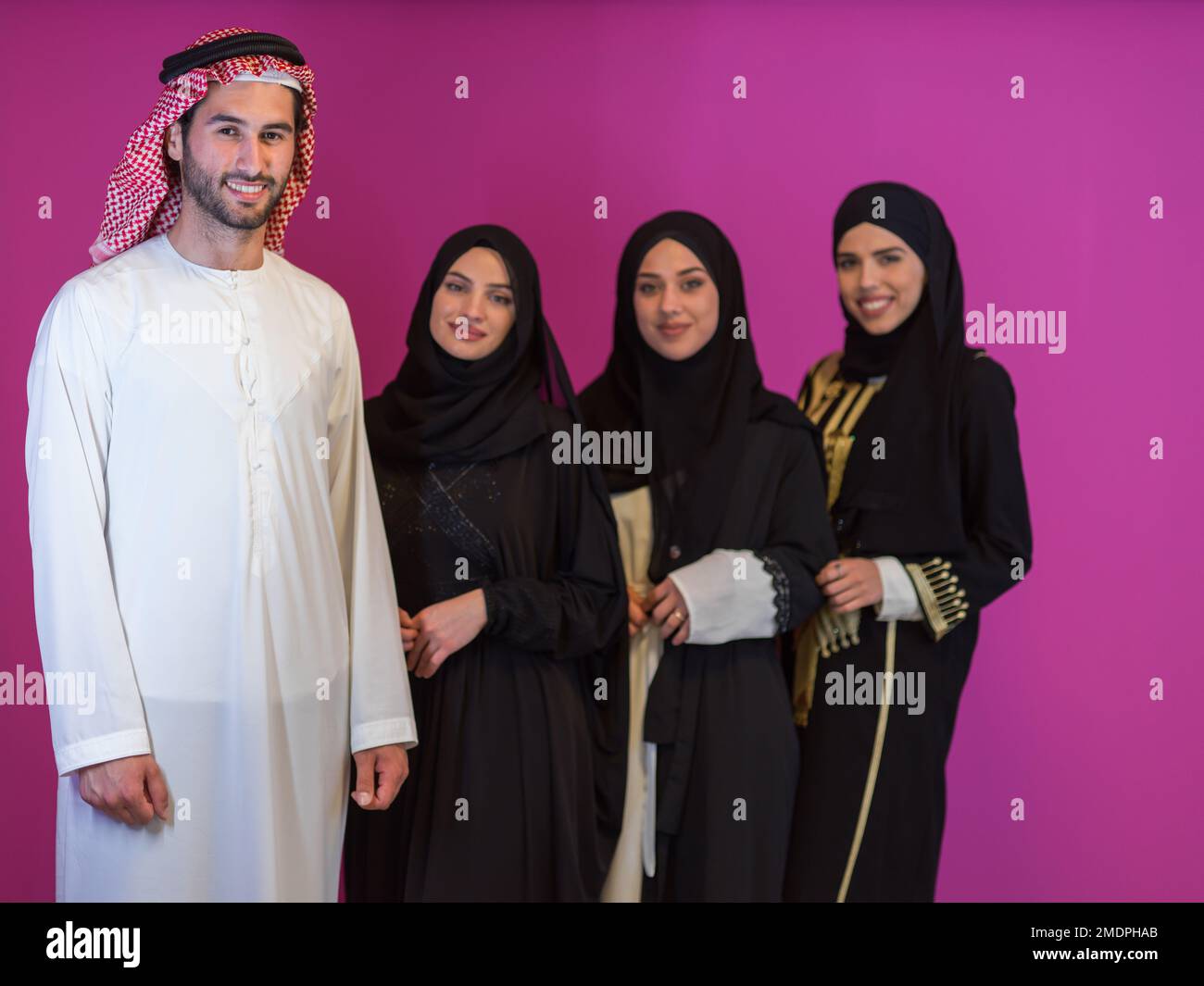 Group portrait of young muslim people arabian man with three muslim ...