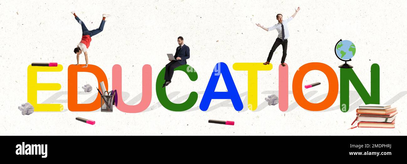 Group of young people having fun around big letters education ...