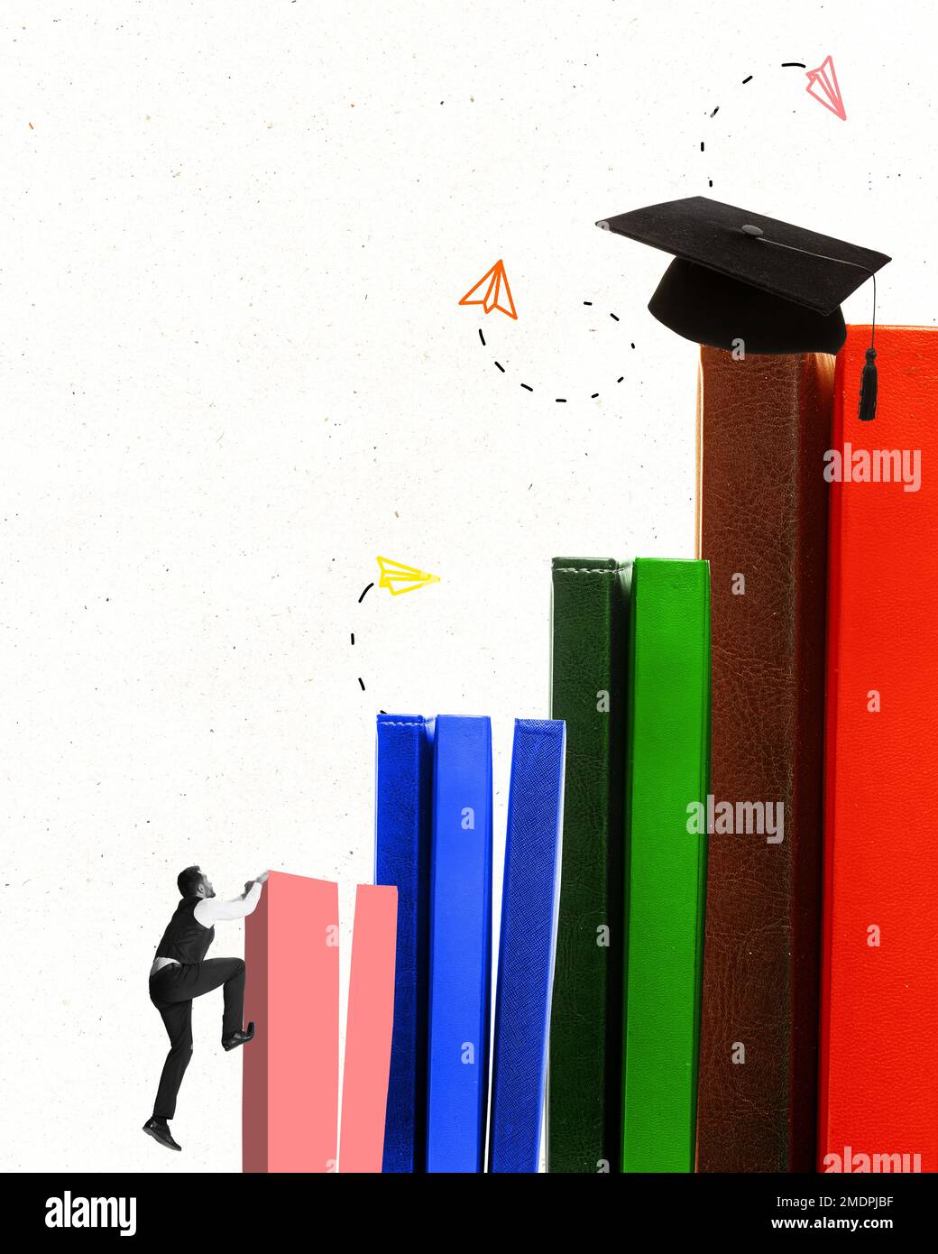 Motivated man climbing on books. Contemporary art collage, modern ...