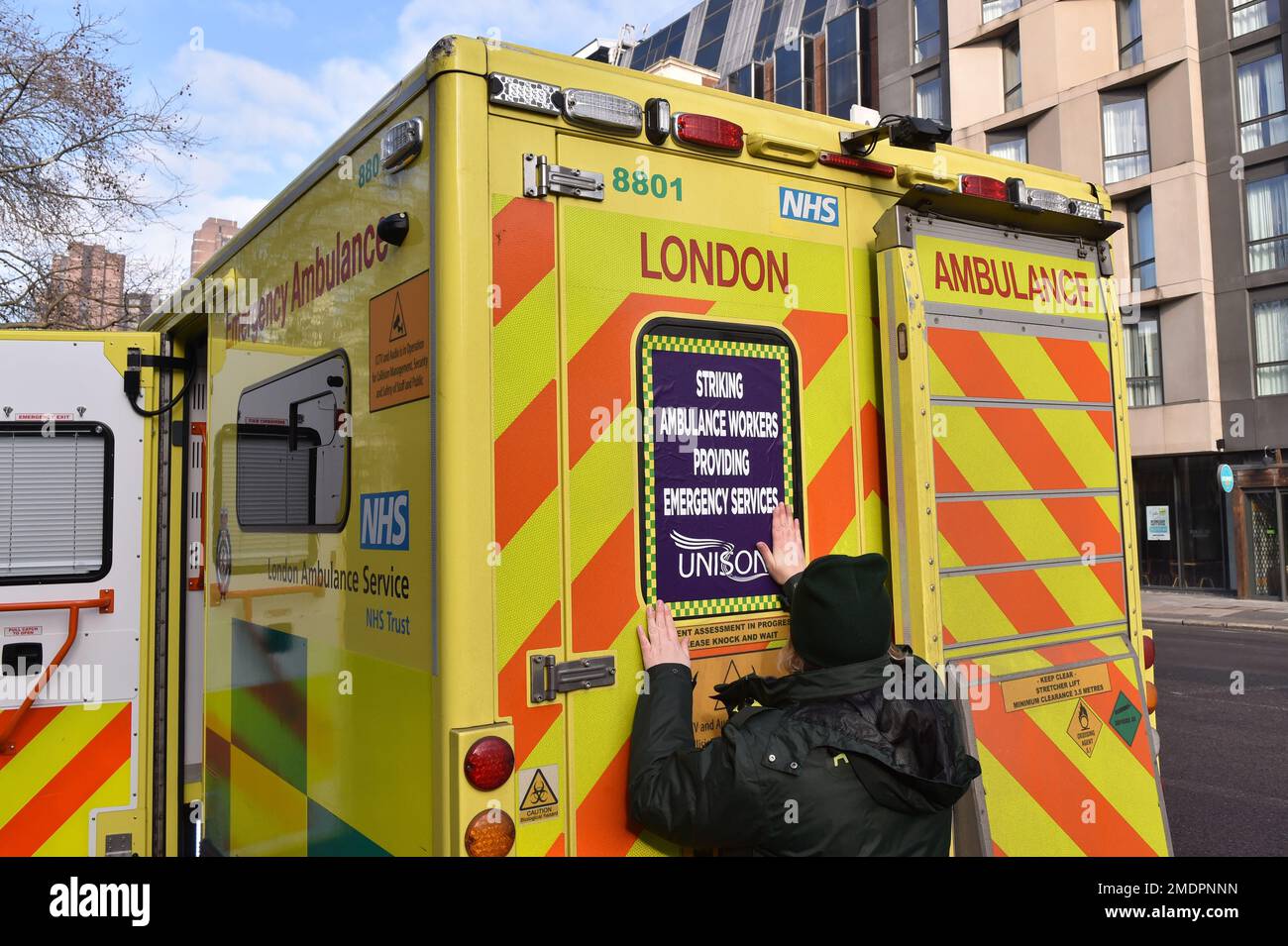 London, England, UK. 23rd Jan, 2023. Striking Ambulance worker sticking ...