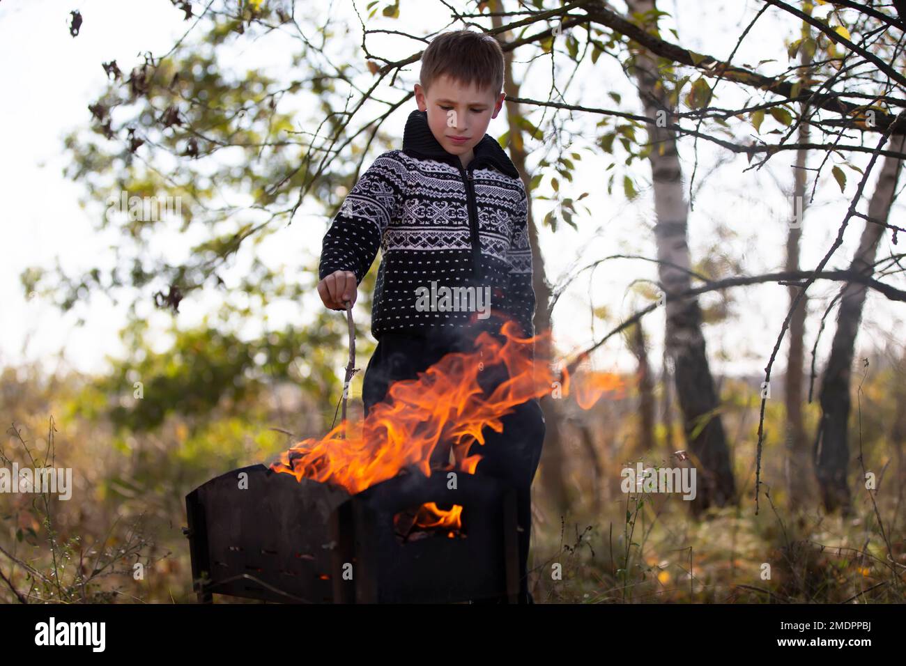 A little boy sticks a stick into a burning fire Stock Photo - Alamy