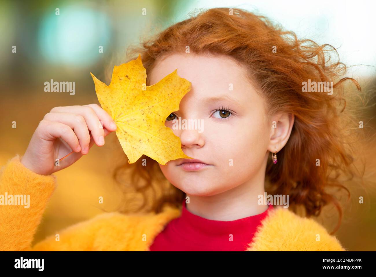 Red-haired little girl closes one eye with a yellow maple leaf. Sad ...