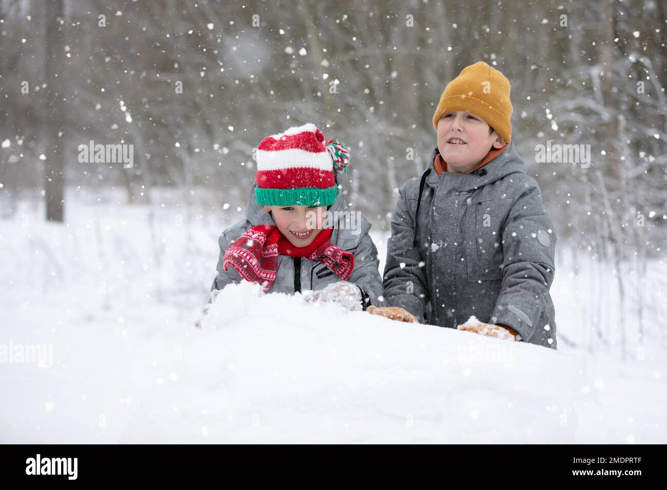 Two boys are playing in the snow. Children sculpt from snow. Play on a ...
